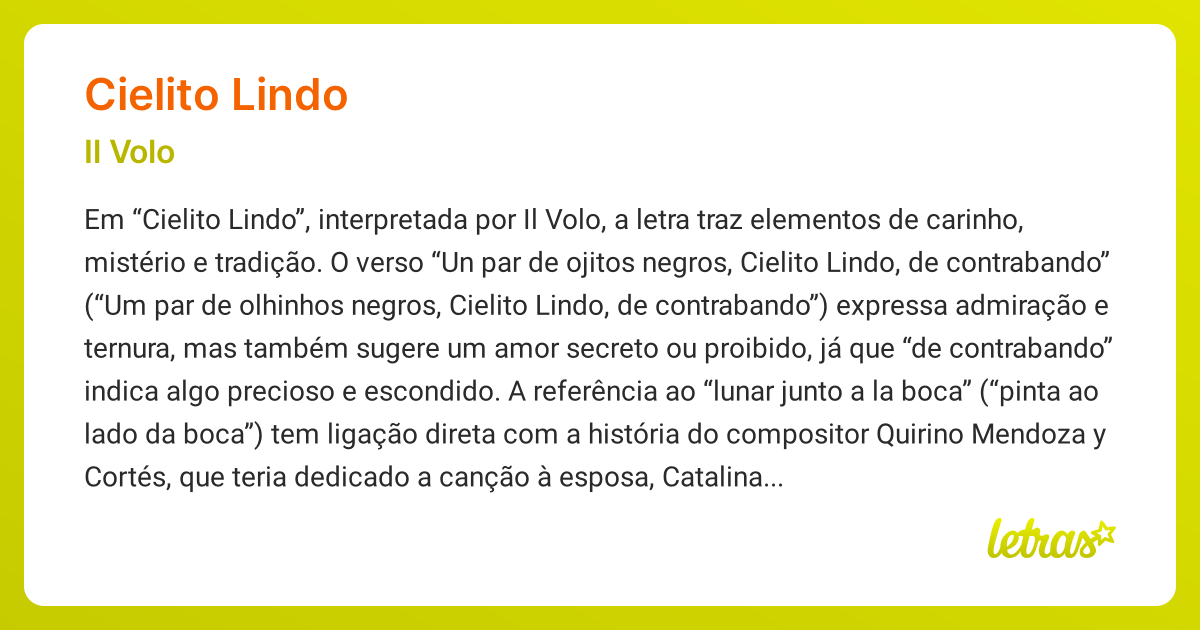 Significado da música CIELITO LINDO (Il Volo) - LETRAS.MUS.BR