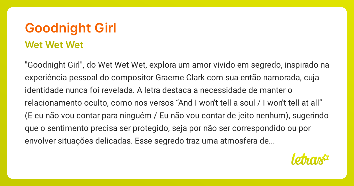 Significado da música GOODNIGHT GIRL (Wet Wet Wet) - LETRAS.MUS.BR