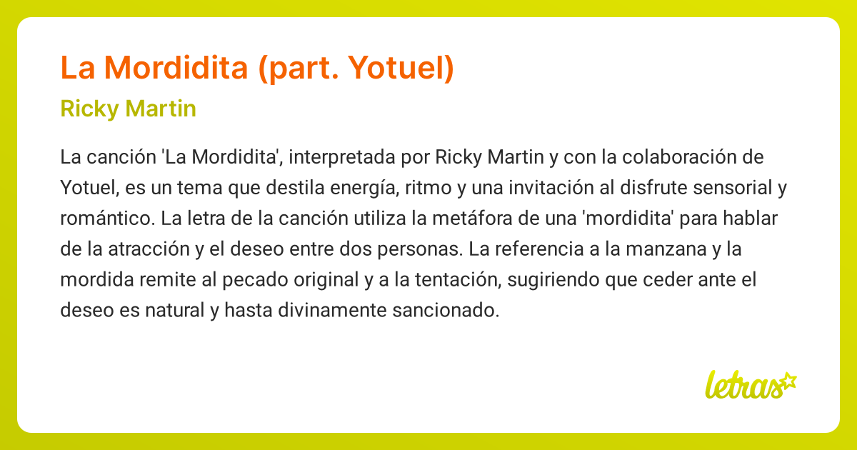 Significado de la canción LA MORDIDITA (PART. YOTUEL) (Ricky Martin ...
