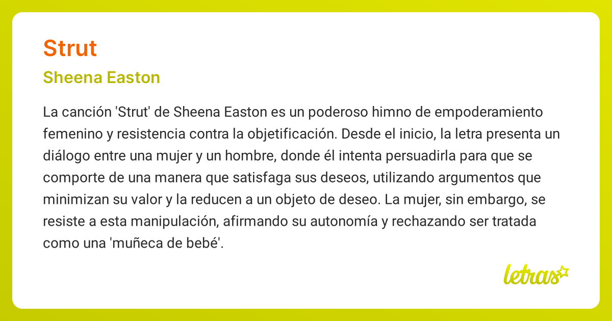 Significado de la canción STRUT (Sheena Easton) - LETRAS.COM