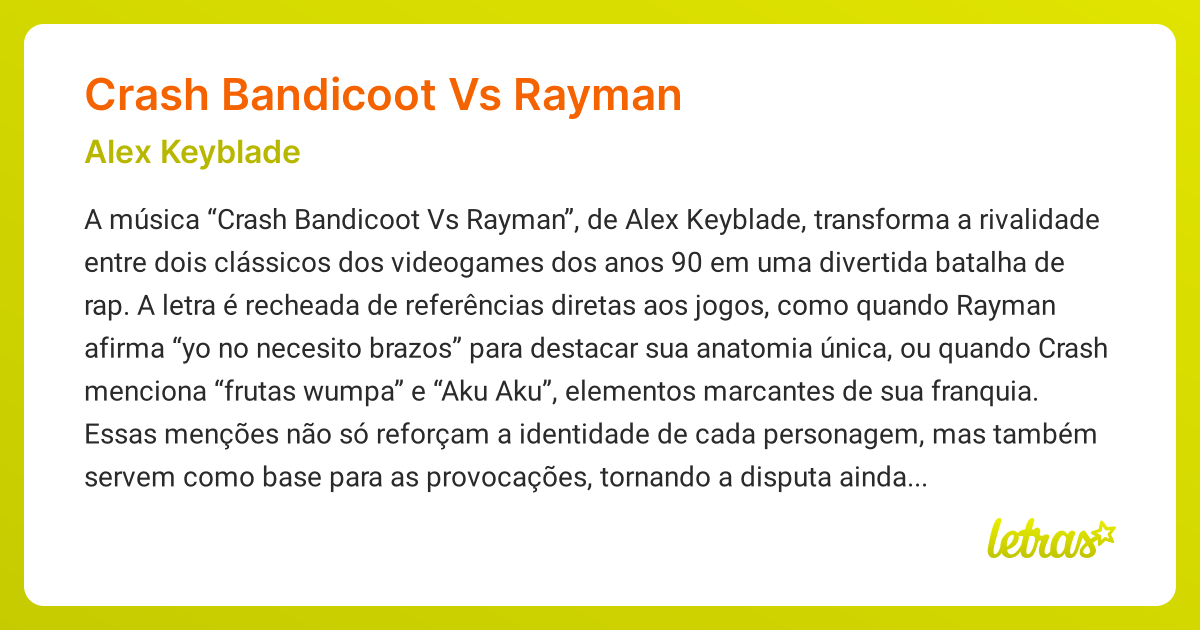 Significado da música CRASH BANDICOOT VS RAYMAN (Alex Keyblade ...