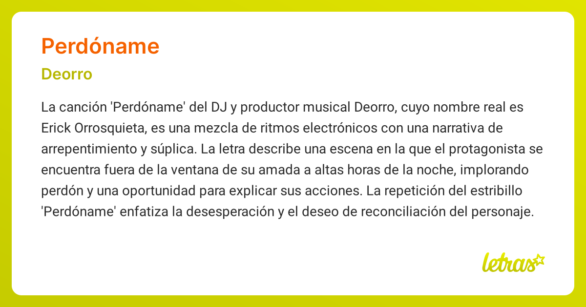 Significado de la canción PERDÓNAME (Deorro) - LETRAS.COM