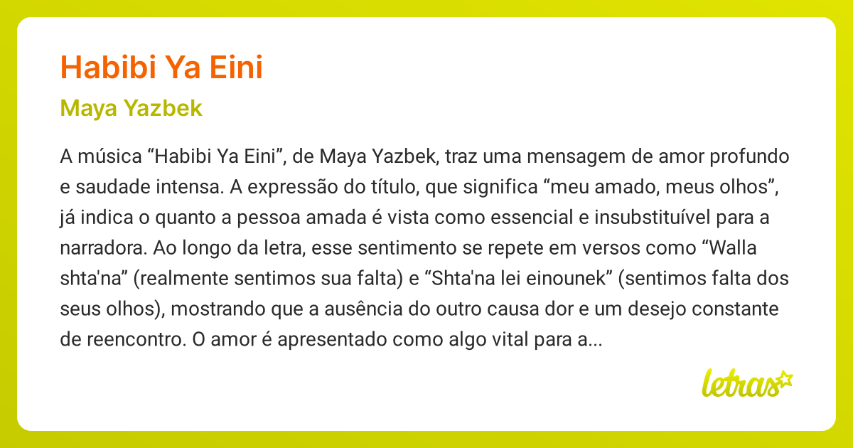 Significado da música HABIBI YA EINI (Maya Yazbek) - LETRAS.MUS.BR