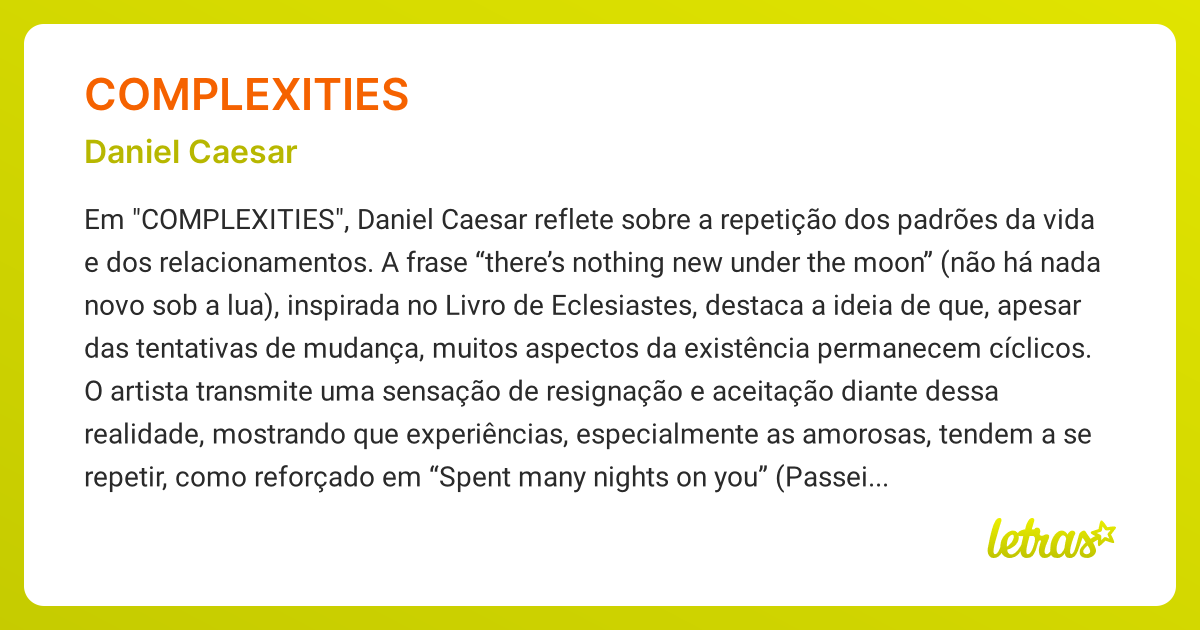 Significado da música COMPLEXITIES (Daniel Caesar) - LETRAS.MUS.BR