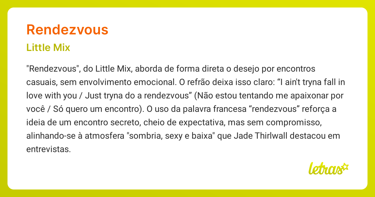 Significado da música RENDEZVOUS (Little Mix) - LETRAS.MUS.BR