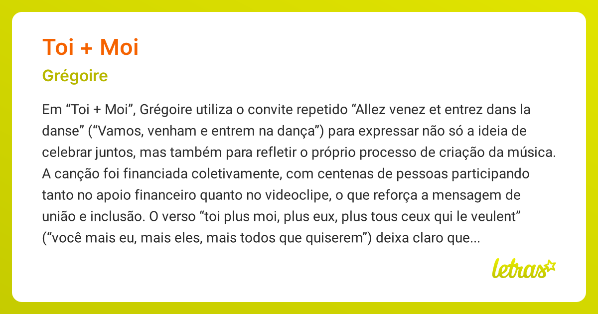 Significado da música TOI + MOI (Grégoire) - LETRAS.MUS.BR