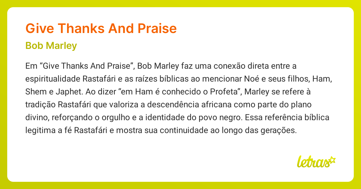 Significado da música GIVE THANKS AND PRAISE (Bob Marley) - LETRAS.MUS.BR