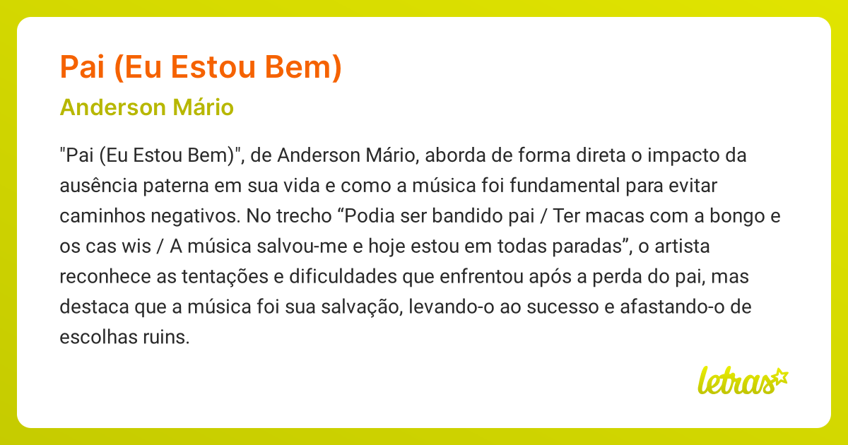Significado da música PAI (EU ESTOU BEM) (Anderson Mário) - LETRAS.MUS.BR