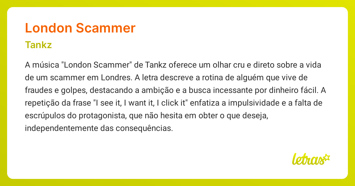 Significado da música LONDON SCAMMER (Tankz) - LETRAS.MUS.BR