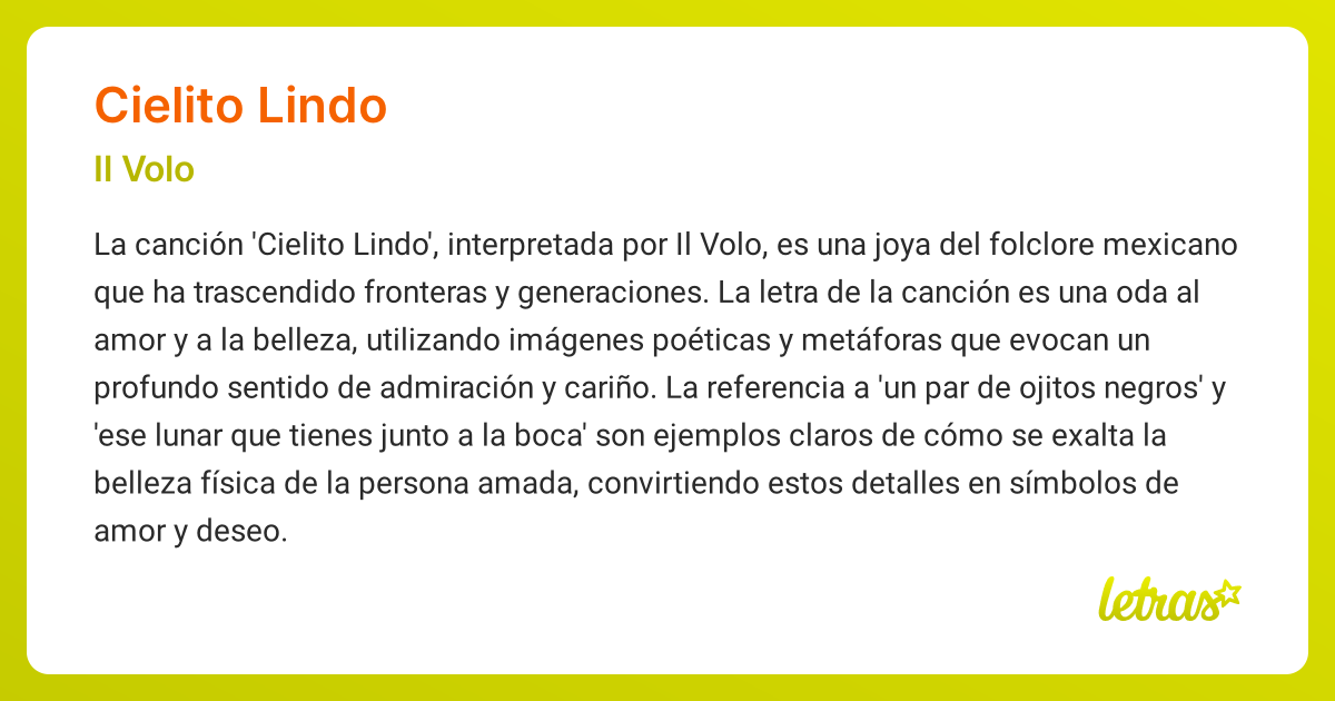 Significado de la canción CIELITO LINDO (Il Volo) - LETRAS.COM