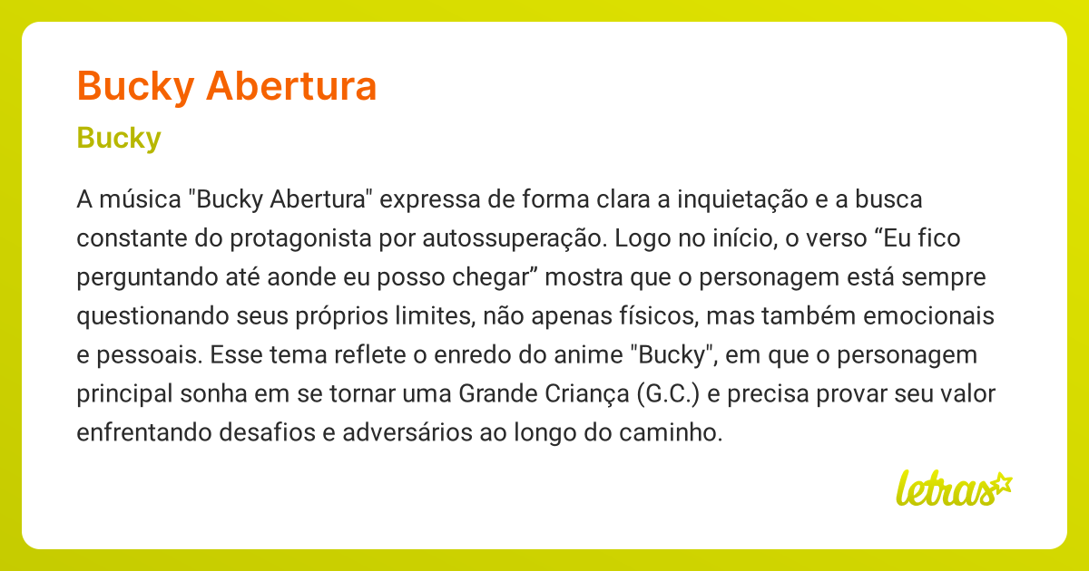Significado da música BUCKY ABERTURA (Bucky) - LETRAS.MUS.BR