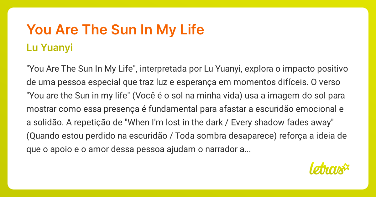 Significado da música YOU ARE THE SUN IN MY LIFE (Lu Yuanyi) - LETRAS ...