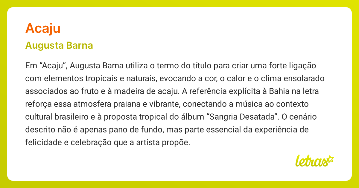 Significado da música ACAJU (Augusta Barna) - LETRAS.MUS.BR