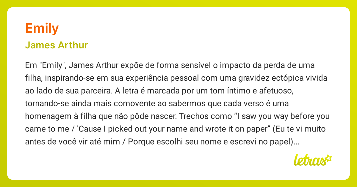 Significado da música EMILY (James Arthur) - LETRAS.MUS.BR