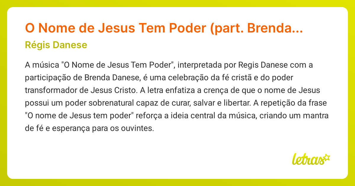 Significado da música O Nome de Jesus Tem Poder (part. Brenda Danese ...