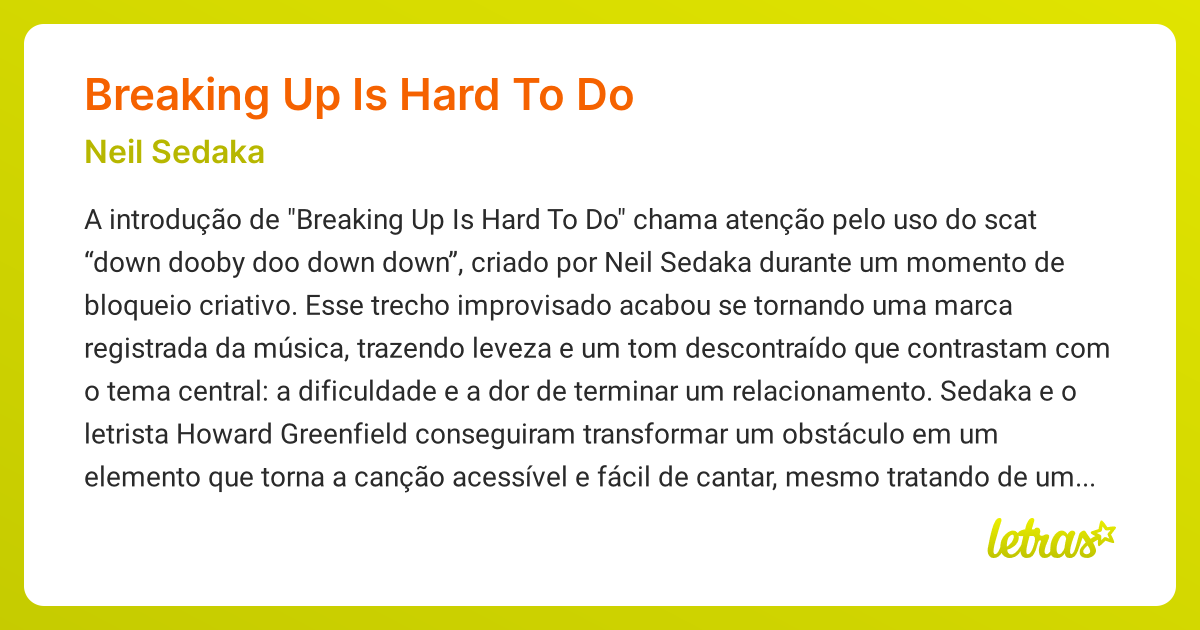 Significado da música BREAKING UP IS HARD TO DO (Neil Sedaka) - LETRAS ...