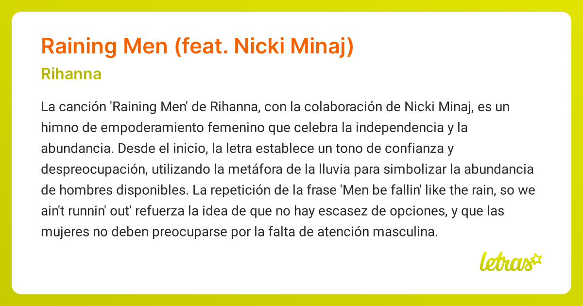 Significado de la canción Raining Men (feat. Nicki Minaj) (Rihanna ...