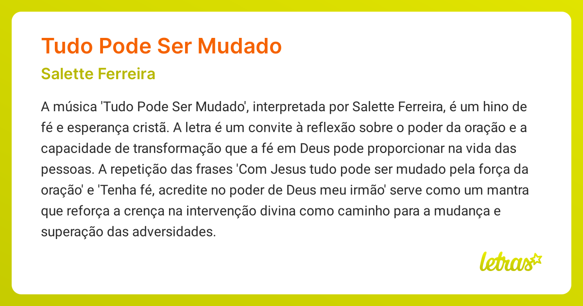 Significado da música TUDO PODE SER MUDADO (Salette Ferreira) - LETRAS ...
