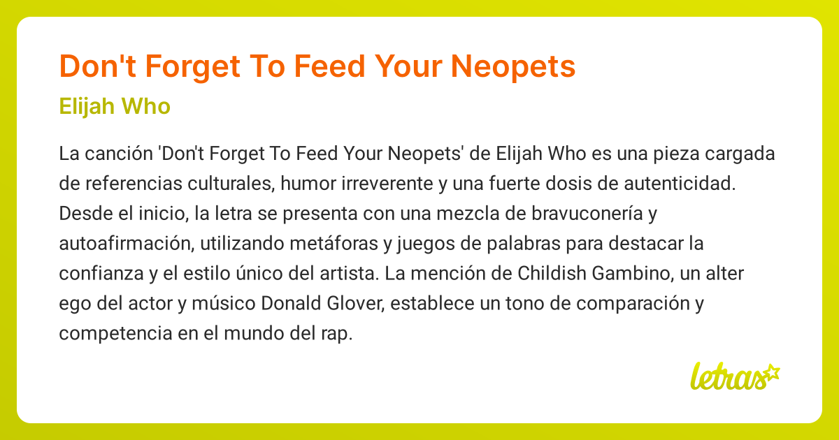 Significado de la canción Don't Forget To Feed Your Neopets (Elijah Who ...