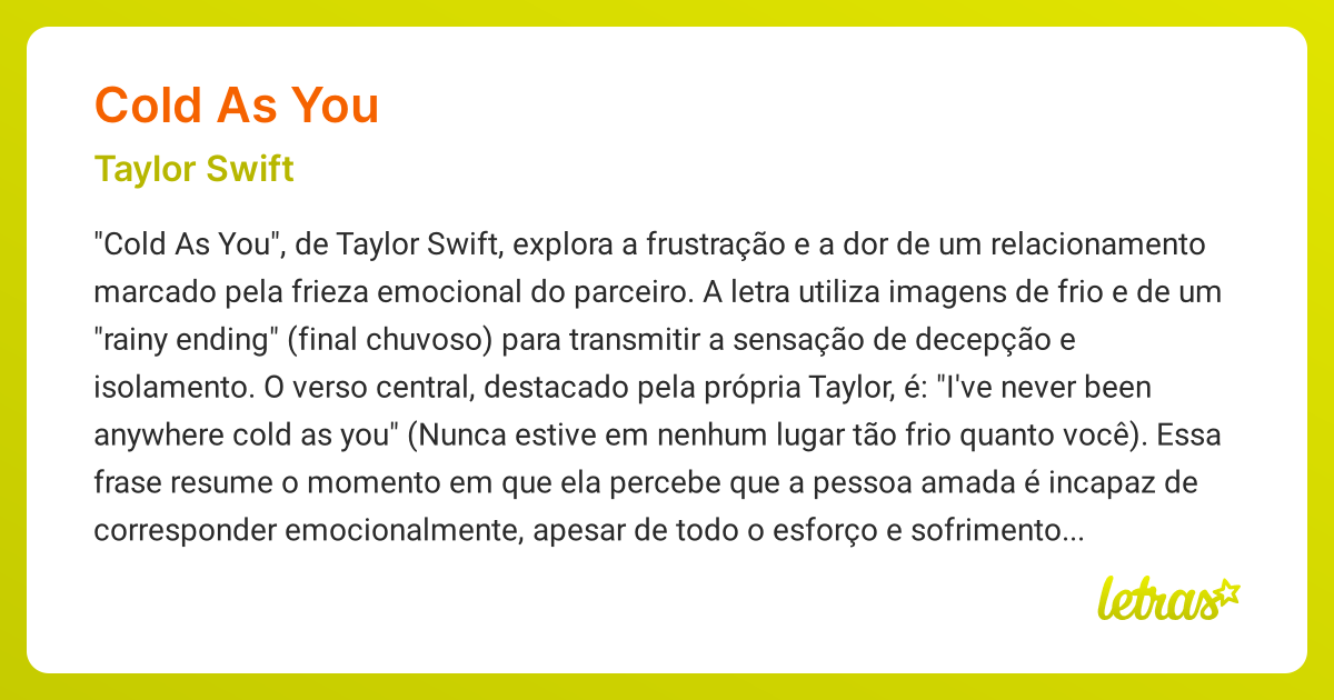 Significado da música COLD AS YOU (Taylor Swift) - LETRAS.MUS.BR