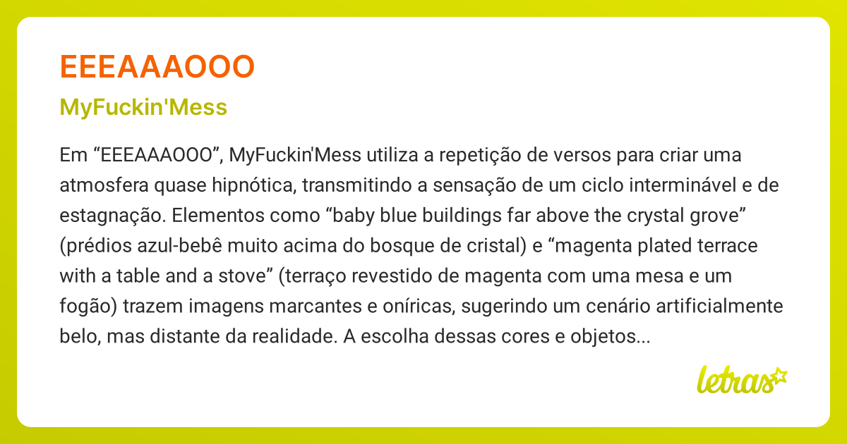 Significado da música EEEAAAOOO (MyFuckin'Mess) - LETRAS.MUS.BR