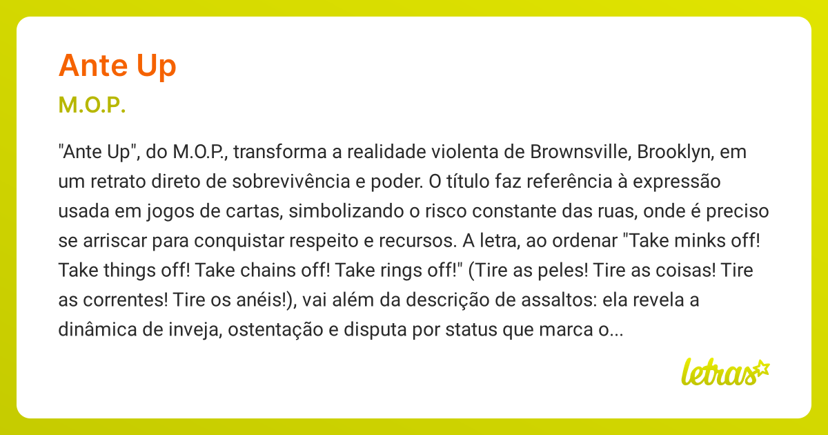 Significado da música ANTE UP (M.O.P.) - LETRAS.MUS.BR