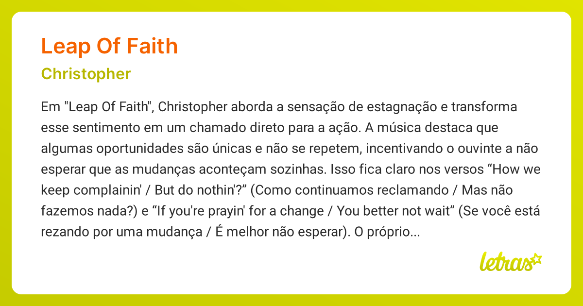 Significado da música LEAP OF FAITH (Christopher) - LETRAS.MUS.BR