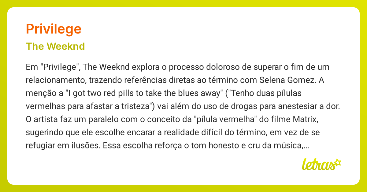 Significado da música PRIVILEGE (The Weeknd) - LETRAS.MUS.BR