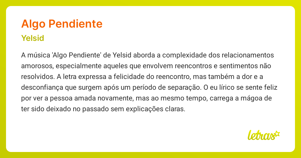 Significado da música ALGO PENDIENTE (Yelsid) - LETRAS.MUS.BR
