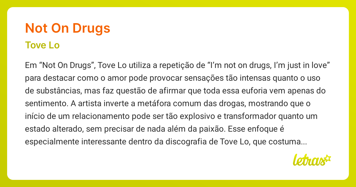 Significado da música NOT ON DRUGS (Tove Lo) - LETRAS.MUS.BR