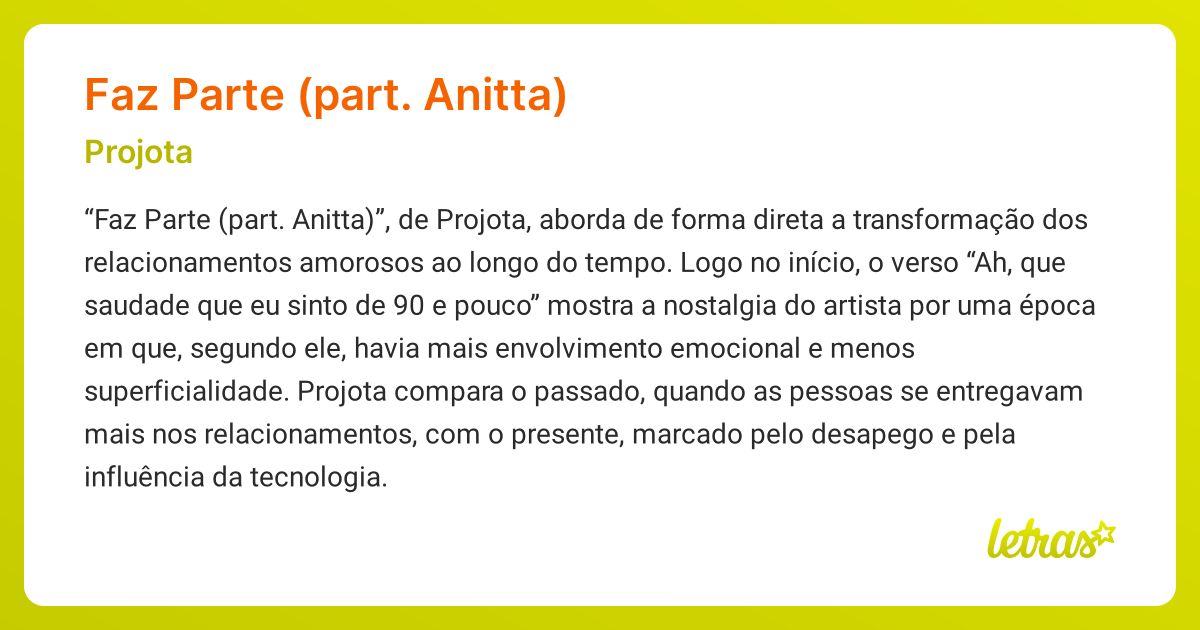 Significado da música FAZ PARTE (PART. ANITTA) (Projota) - LETRAS.MUS.BR