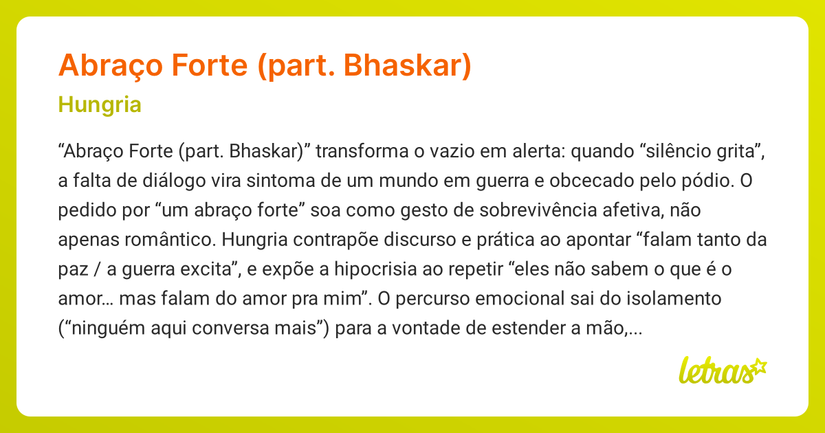 Significado da música ABRAÇO FORTE (PART. BHASKAR) (Hungria) - LETRAS ...