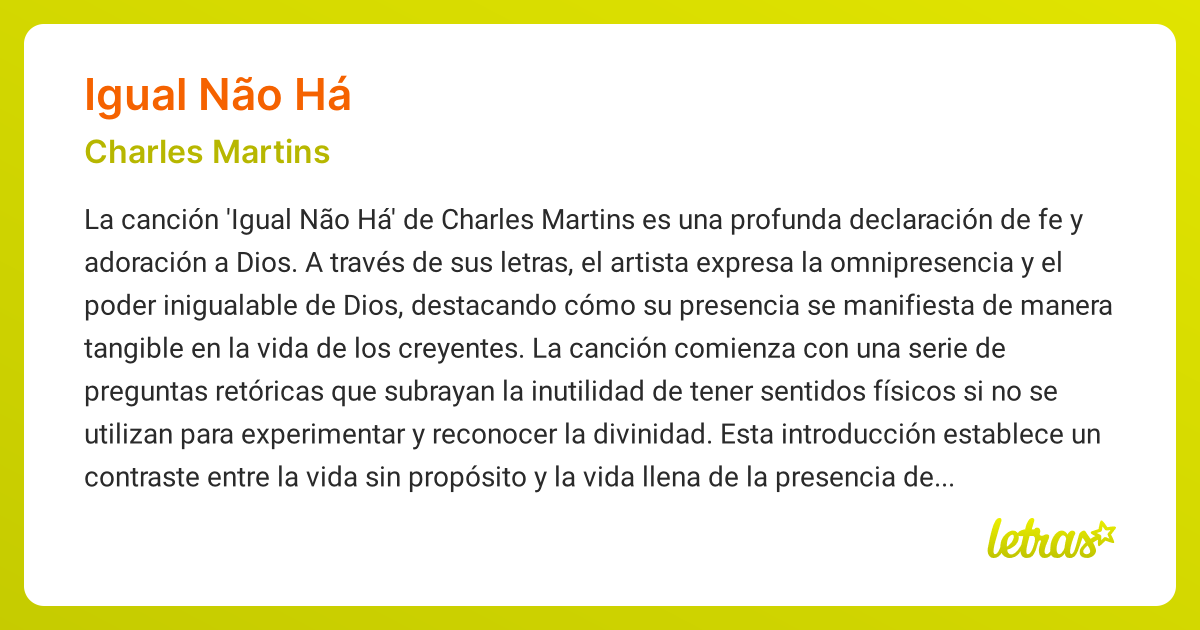 Significado de la canción IGUAL NÃO HÁ (Charles Martins) - LETRAS.COM