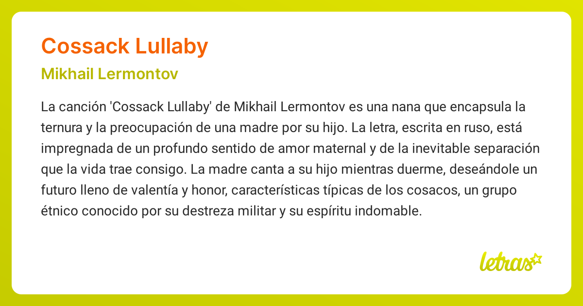 Significado de la canción COSSACK LULLABY (Mikhail Lermontov) - LETRAS.COM