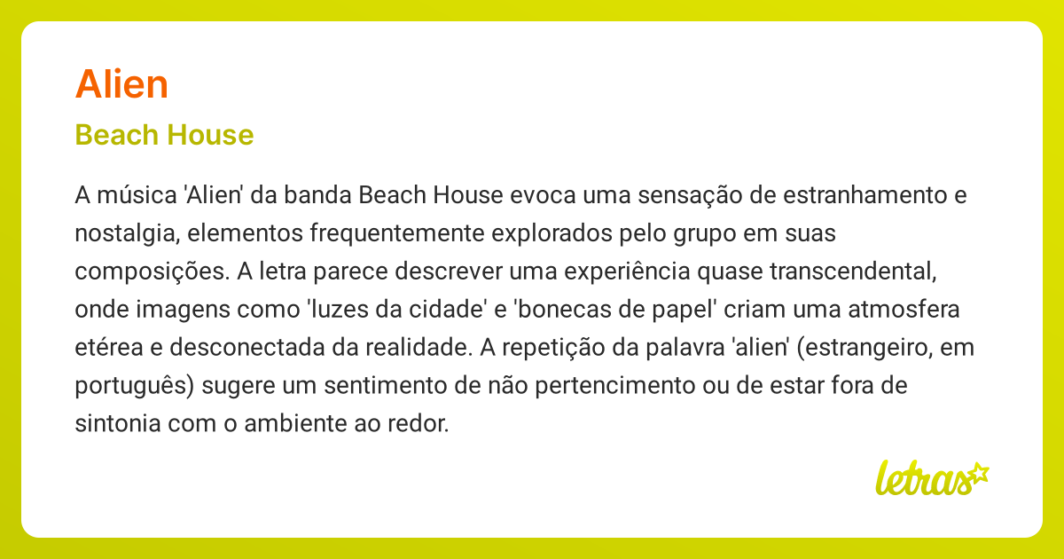 Significado da música ALIEN (Beach House) - LETRAS.MUS.BR