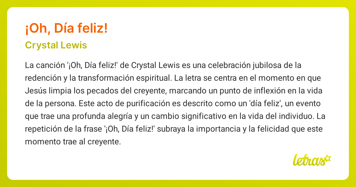 Significado de la canción ¡OH, DÍA FELIZ! (Crystal Lewis) - LETRAS.COM