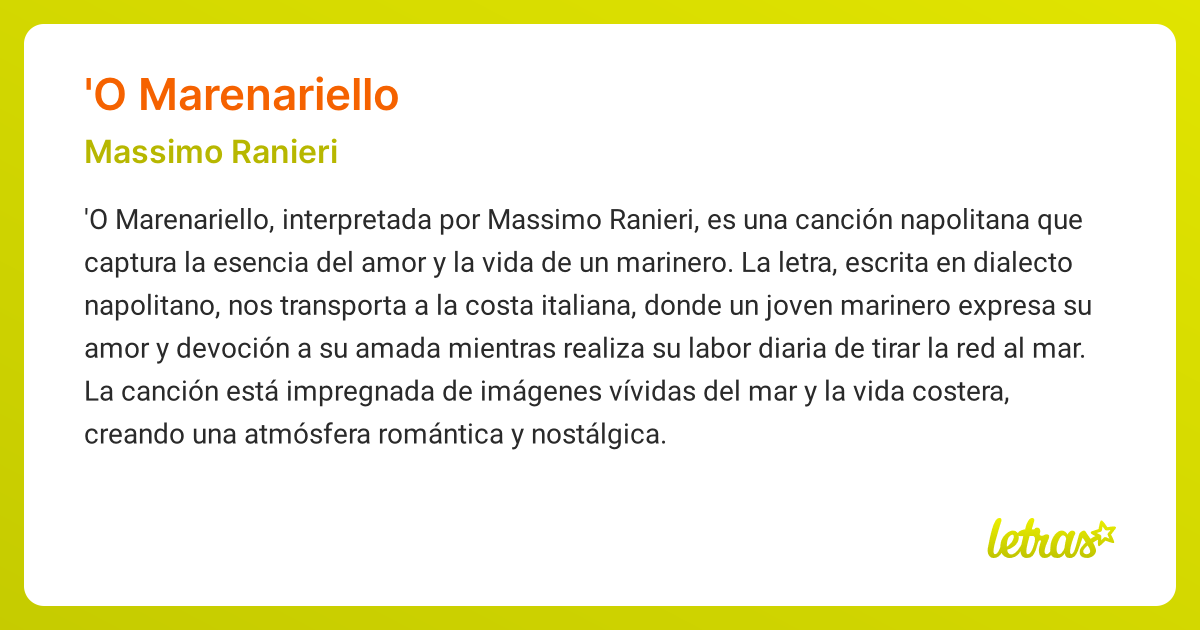 Significado de la canción 'O MARENARIELLO (Massimo Ranieri) - LETRAS.COM