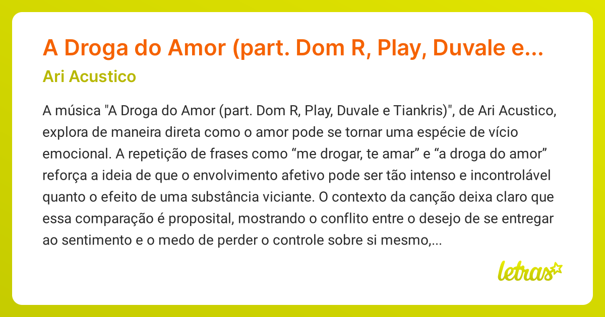 Significado da música A Droga do Amor (part. Dom R, Play, Duvale e ...