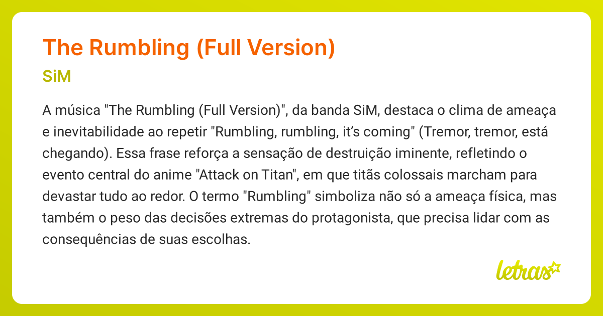 Significado da música THE RUMBLING (FULL VERSION) (SiM) - LETRAS.MUS.BR