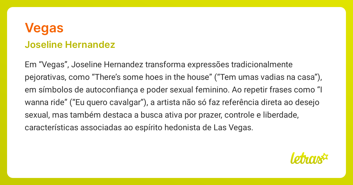 Significado da música VEGAS (Joseline Hernandez) - LETRAS.MUS.BR