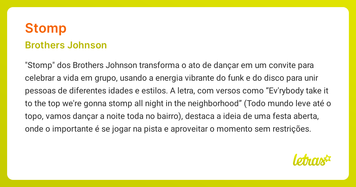 Significado da música STOMP (Brothers Johnson) - LETRAS.MUS.BR