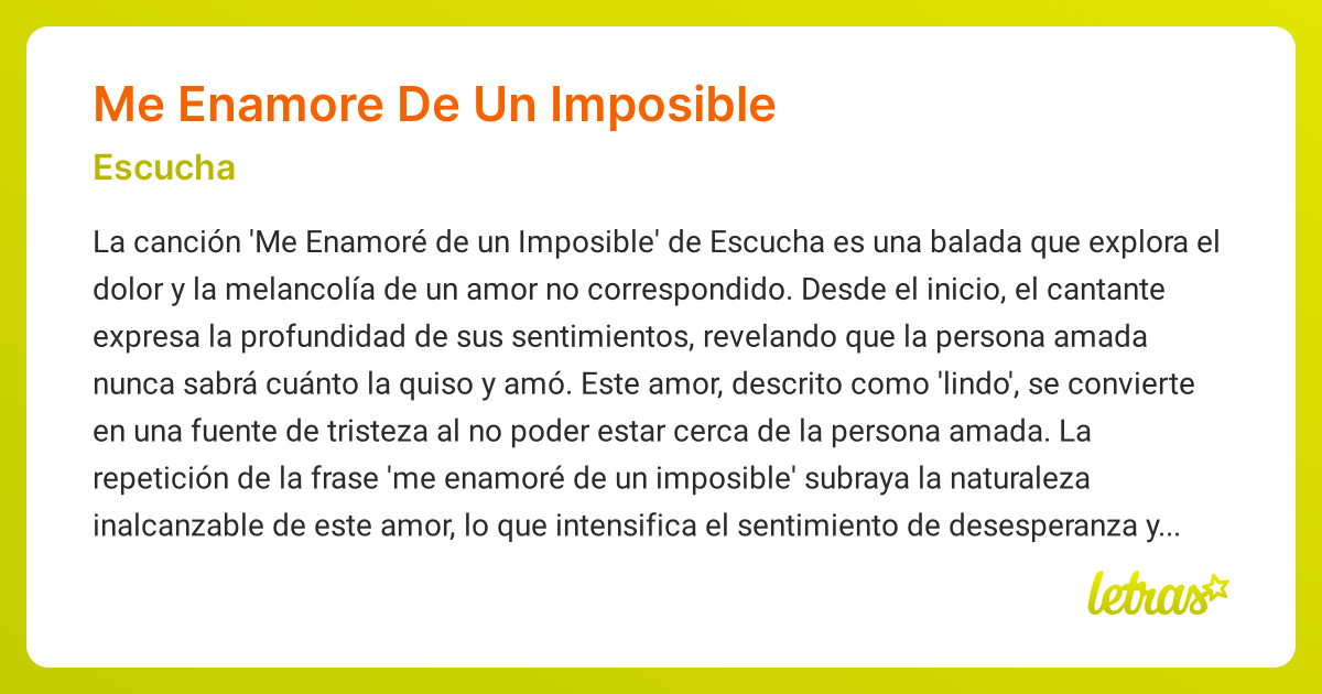 Significado de la canción ME ENAMORE DE UN IMPOSIBLE (Escucha) - LETRAS.COM