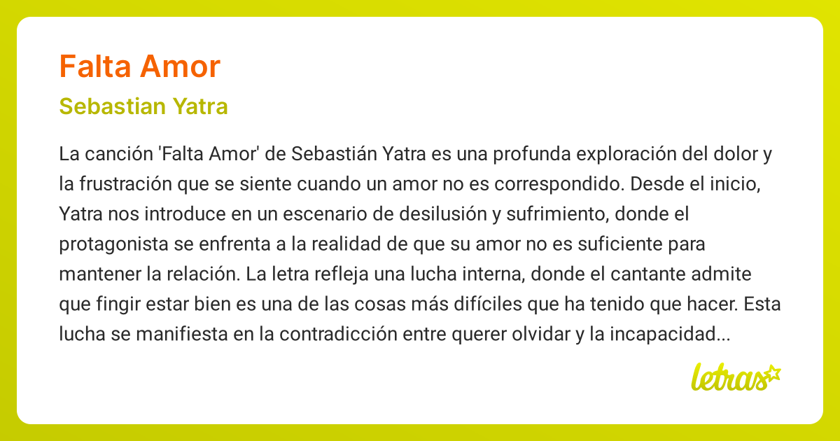 Significado de la canción FALTA AMOR (Sebastián Yatra) - LETRAS.COM