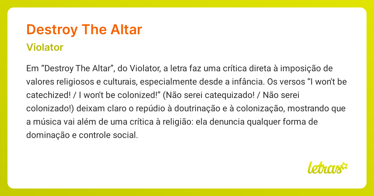 Significado da música DESTROY THE ALTAR (Violator) - LETRAS.MUS.BR