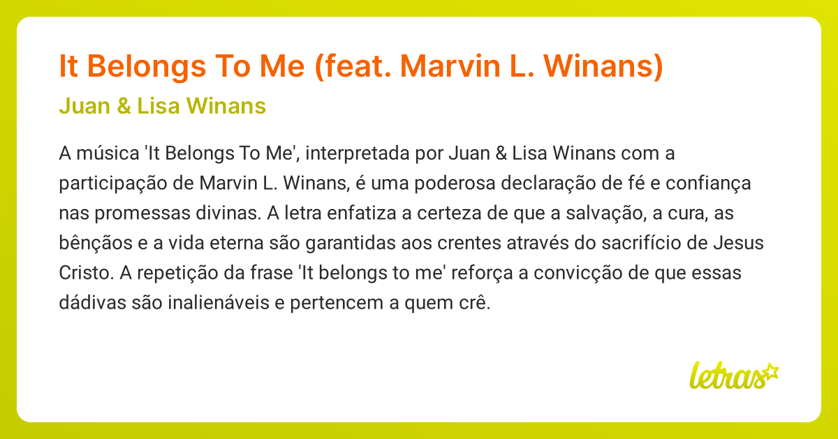 Significado da música It Belongs To Me (feat. Marvin L. Winans) (Juan ...
