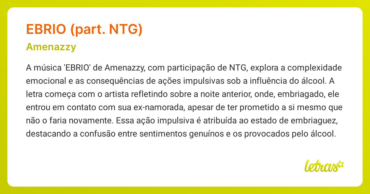 Significado da música EBRIO (PART. NTG) (Amenazzy) - LETRAS.MUS.BR