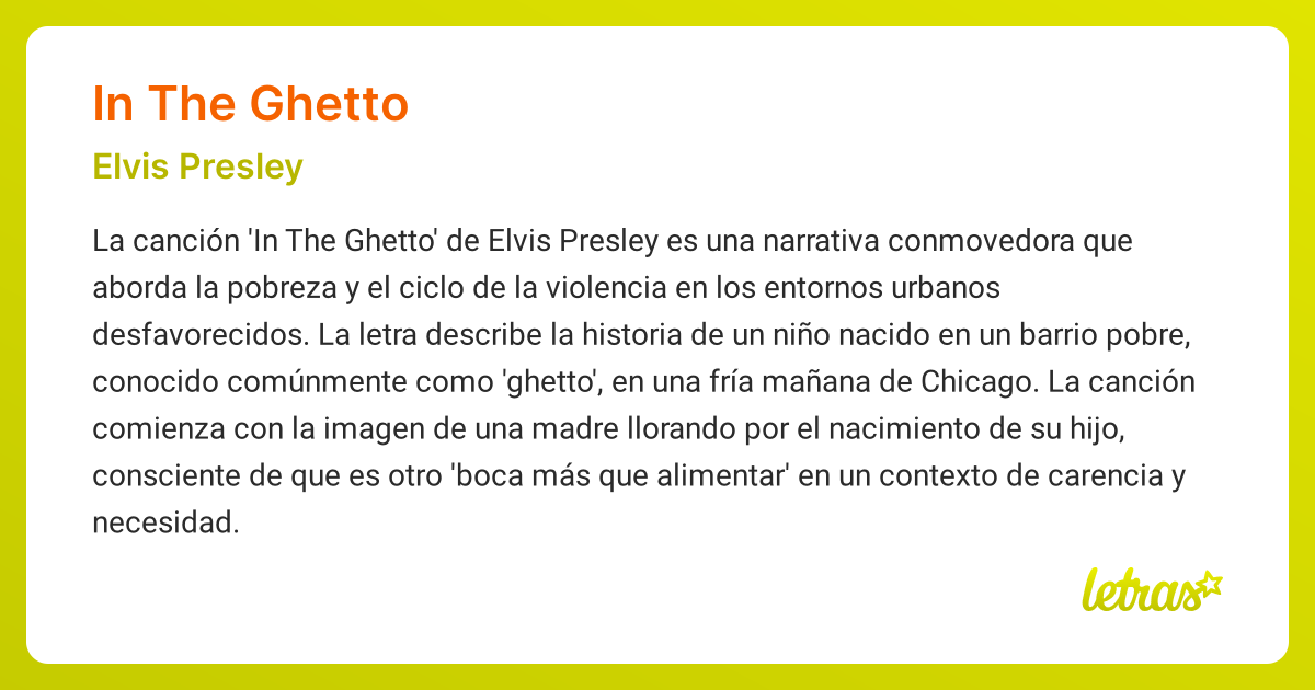 Significado de la canción IN THE GHETTO (Elvis Presley) - LETRAS.COM