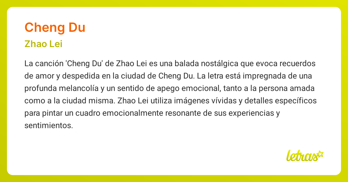Significado de la canción CHENG DU (Zhao Lei) - LETRAS.COM