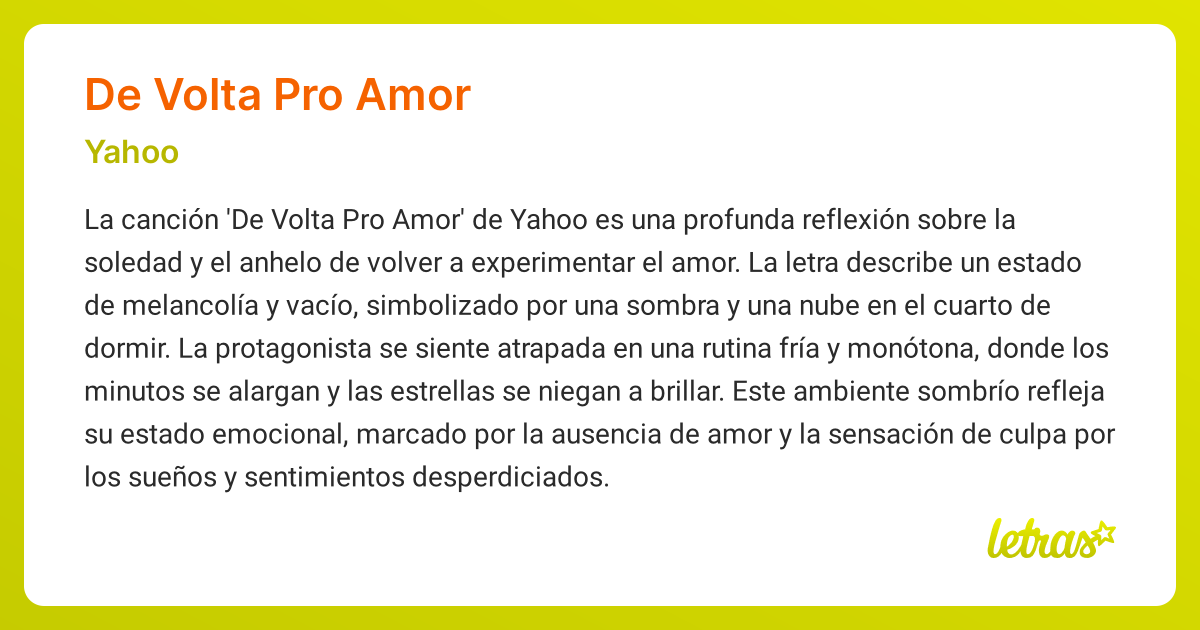Significado de la canción DE VOLTA PRO AMOR (Yahoo) - LETRAS.COM