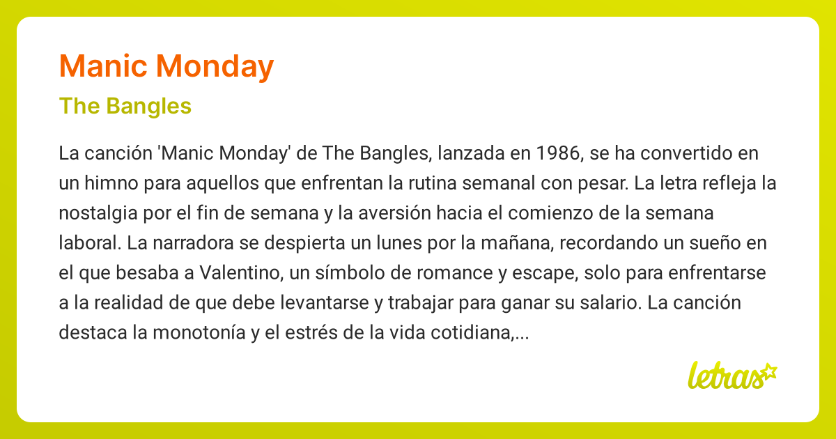 Significado de la canción MANIC MONDAY (The Bangles) - LETRAS.COM